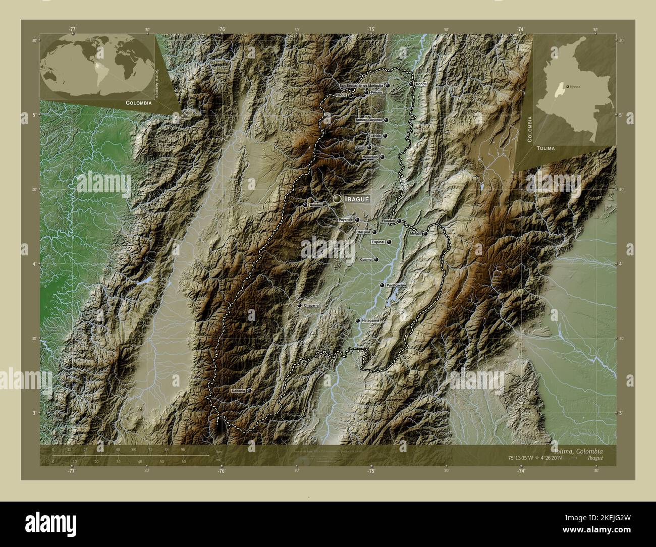Tolima, department of Colombia. Elevation map colored in wiki style ...