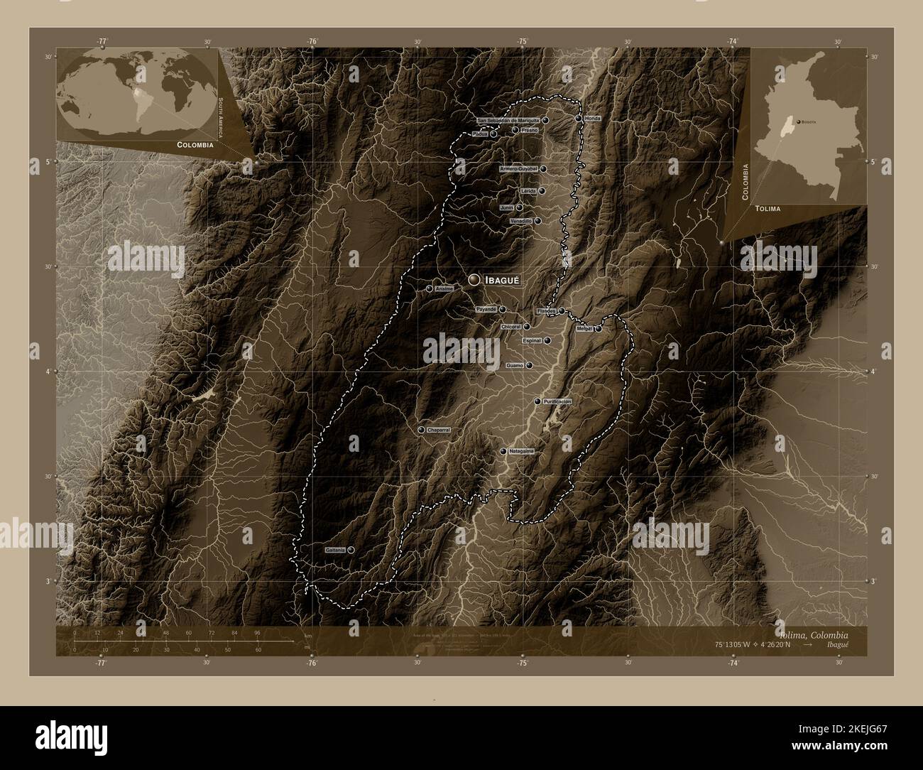 Tolima, department of Colombia. Elevation map colored in sepia tones ...