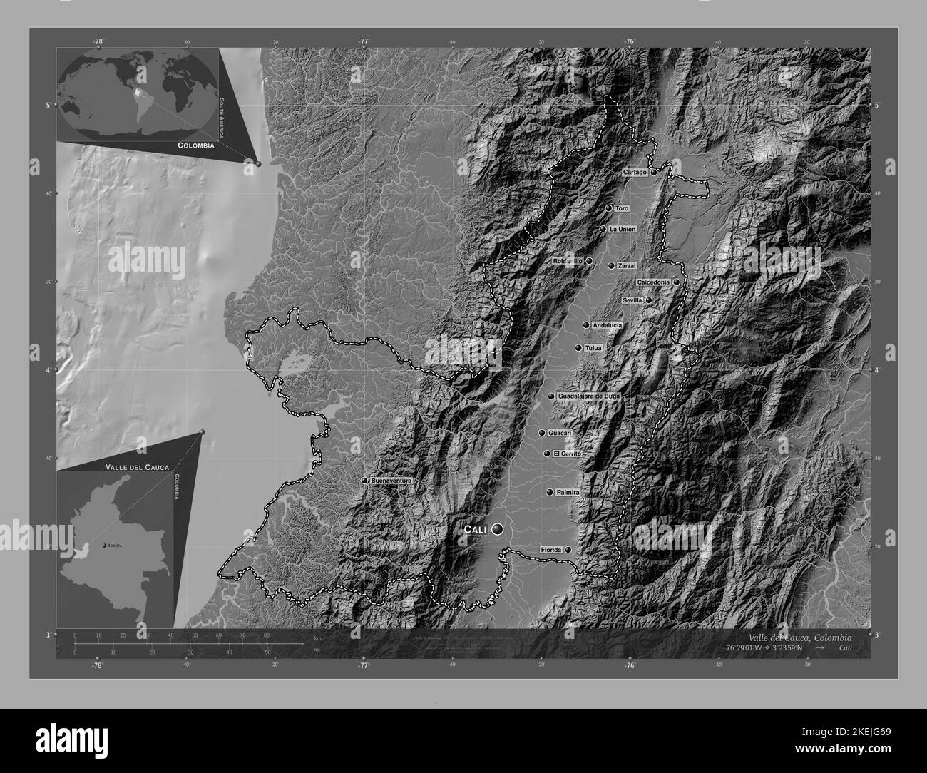 Valle del Cauca, department of Colombia. Bilevel elevation map with ...
