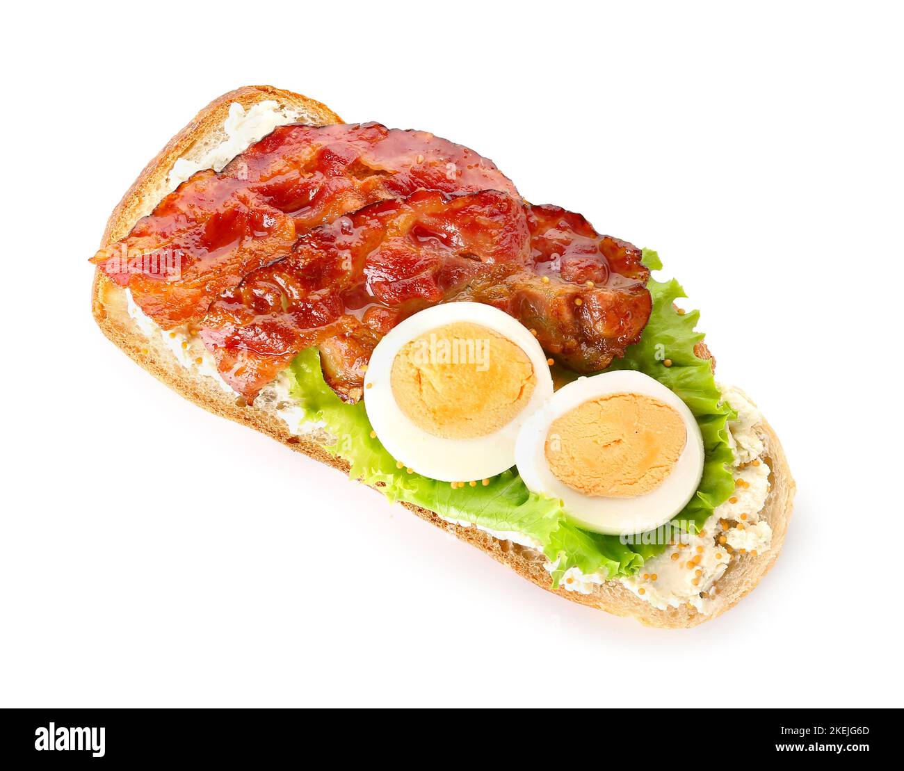 Tasty toast with boiled egg and fried bacon on white background Stock ...