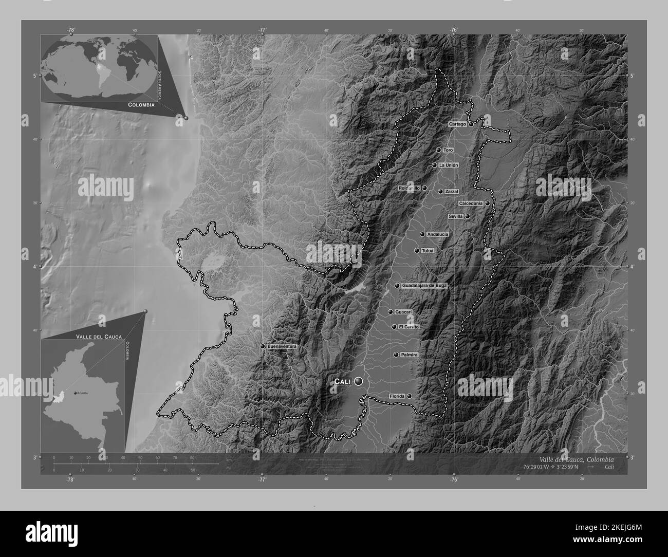 Valle del Cauca, department of Colombia. Grayscale elevation map with ...