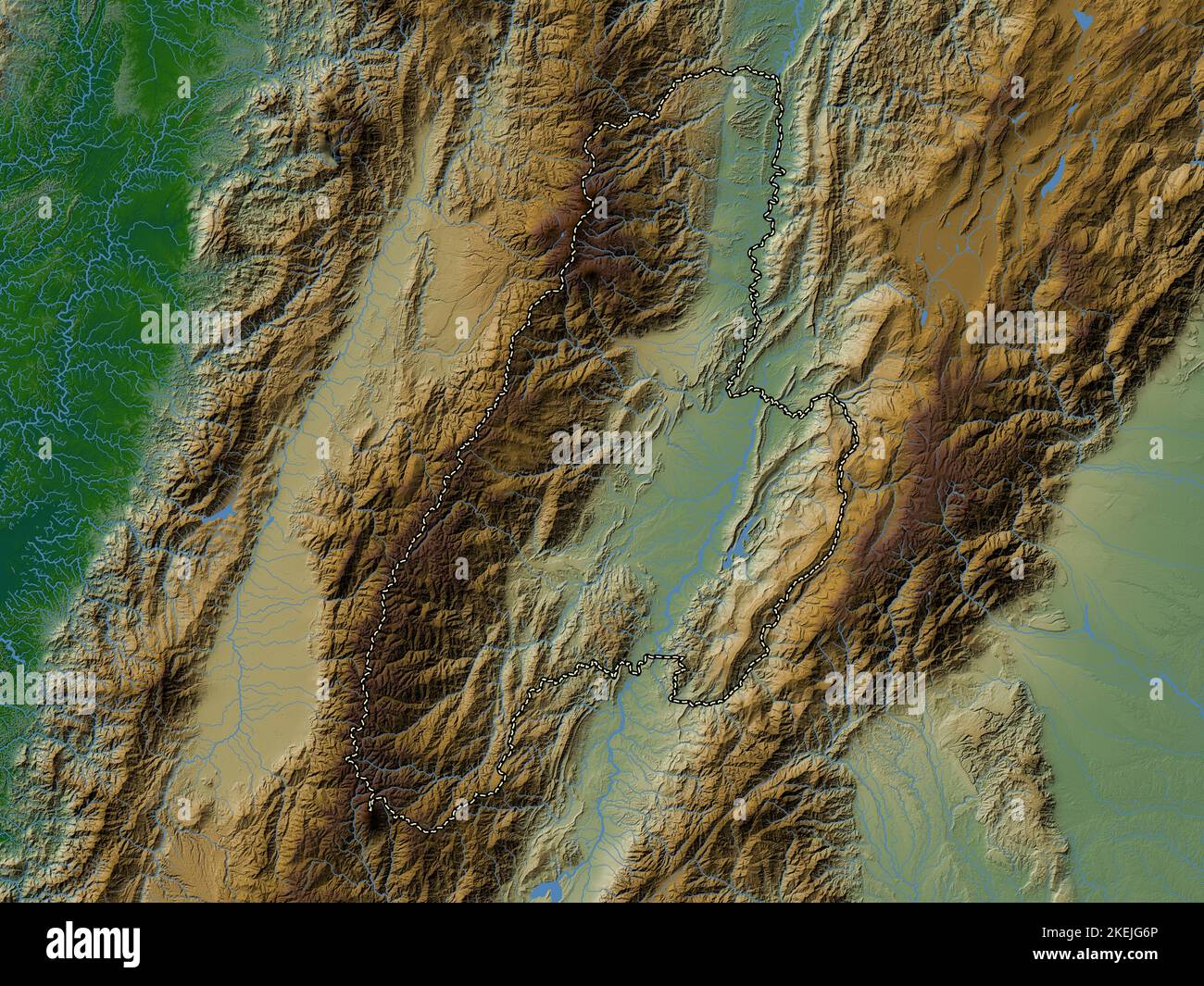 Tolima, department of Colombia. Colored elevation map with lakes and ...