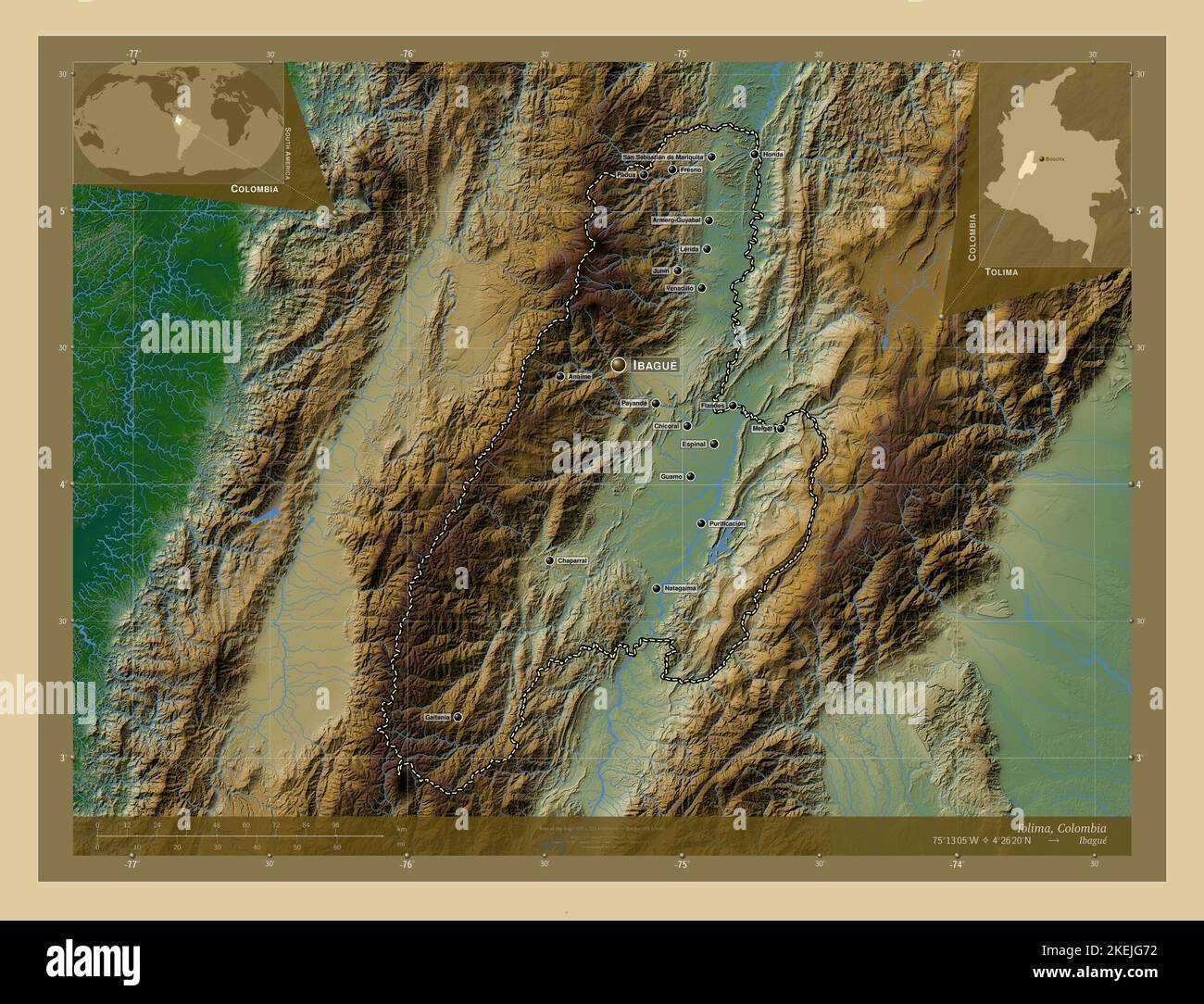 Tolima, department of Colombia. Colored elevation map with lakes and ...