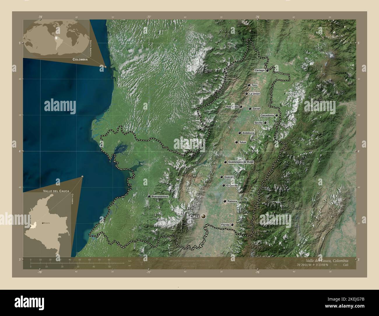 Valle del Cauca, department of Colombia. High resolution satellite map ...