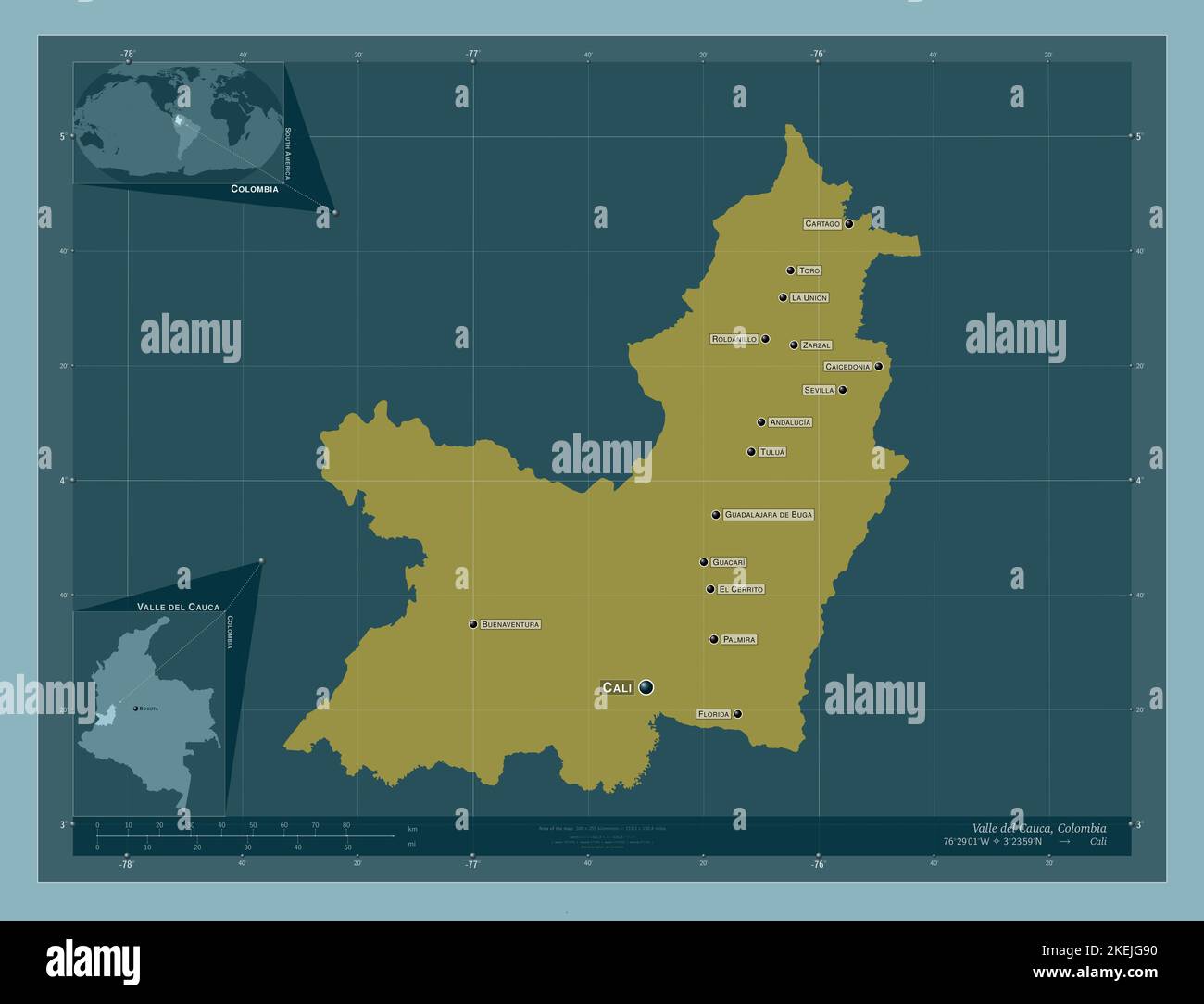 Valle del Cauca, department of Colombia. Solid color shape. Locations ...