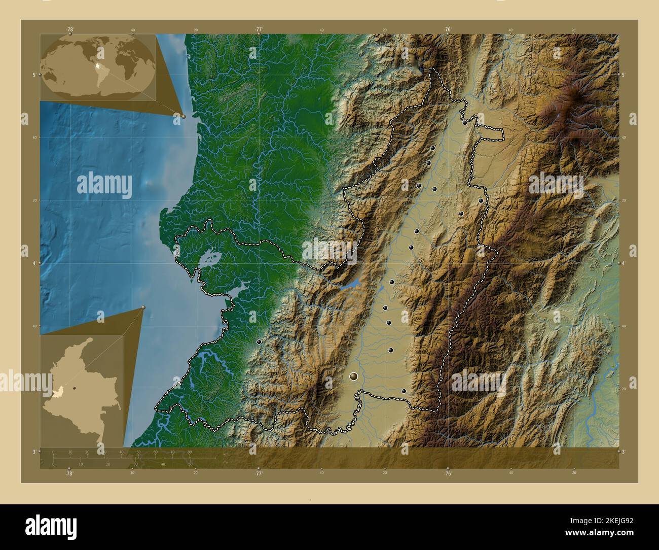 Valle del Cauca, department of Colombia. Colored elevation map with ...