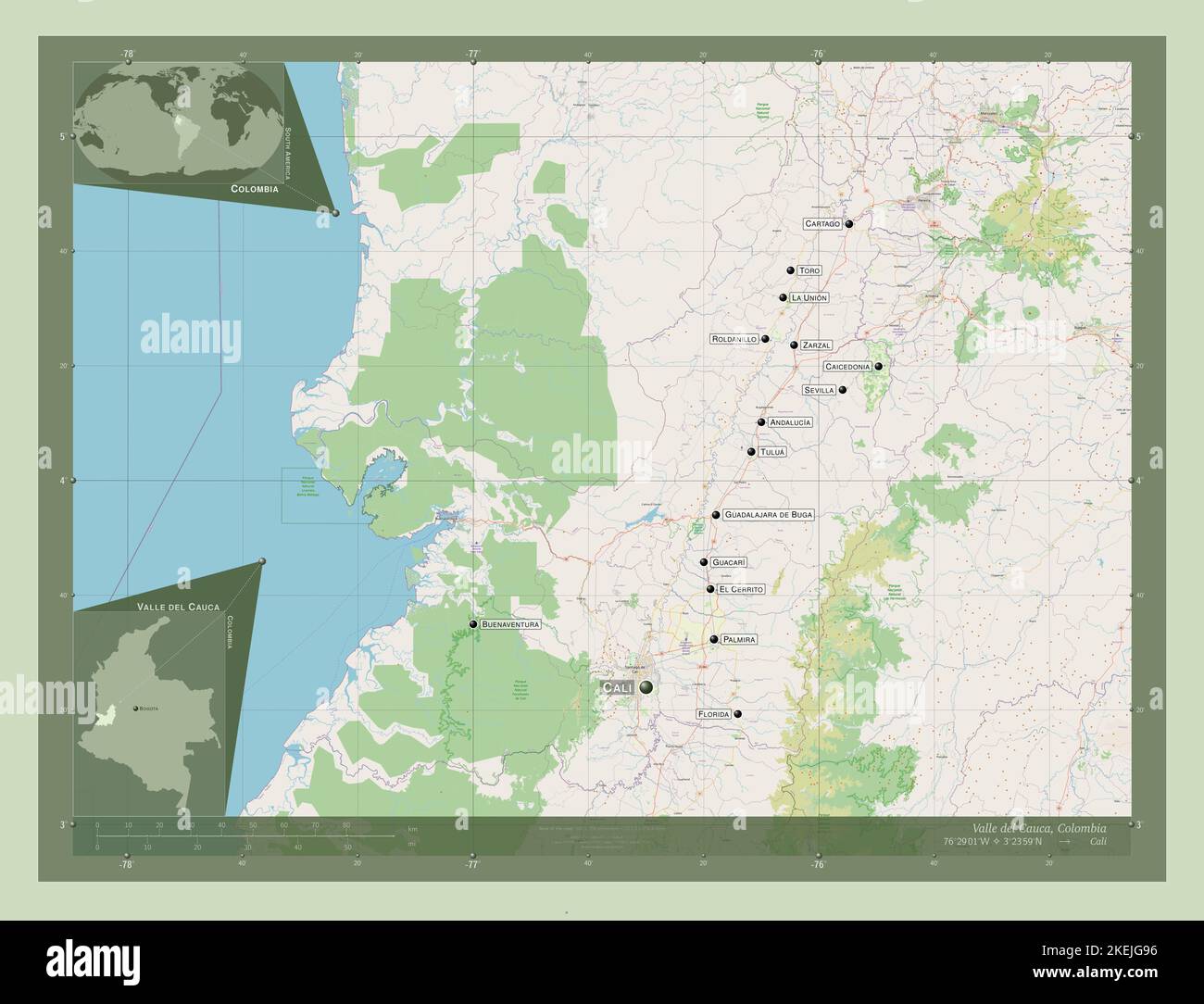 Valle del Cauca, department of Colombia. Open Street Map. Locations and ...