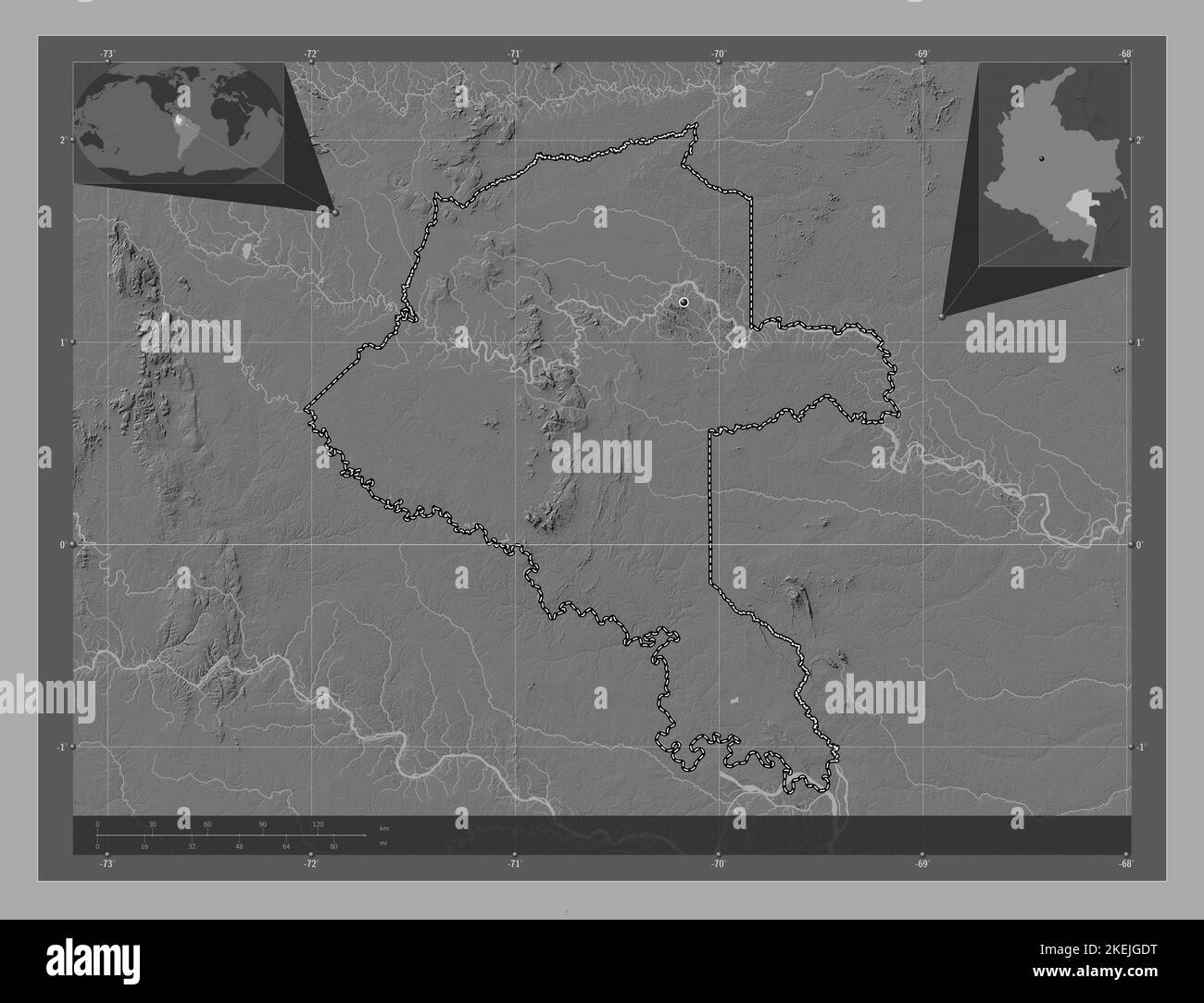 Vaupes, commissiary of Colombia. Bilevel elevation map with lakes and ...