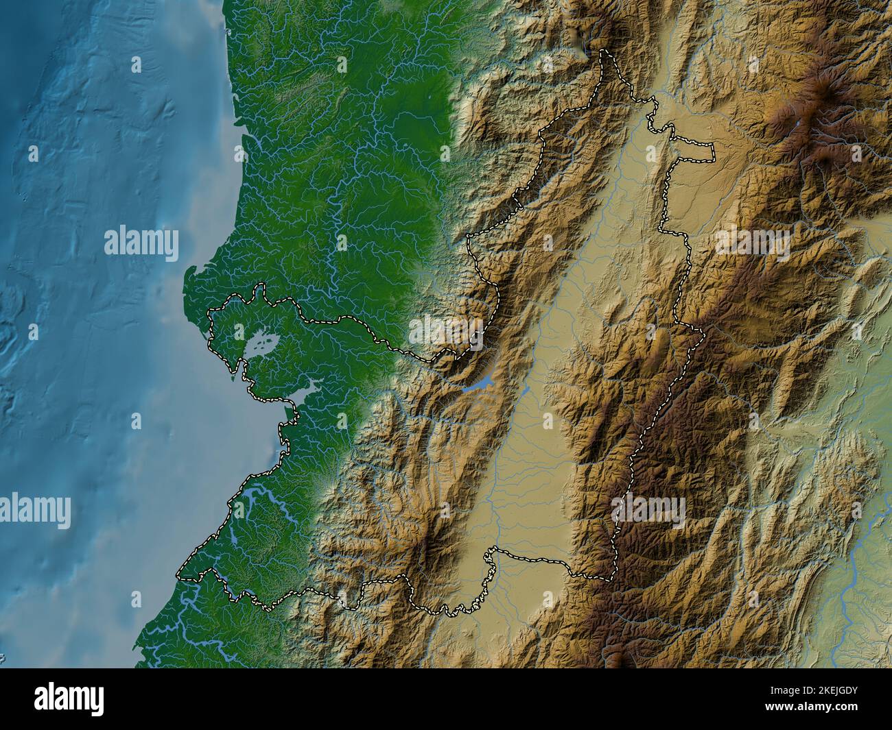 Valle del Cauca, department of Colombia. Colored elevation map with ...