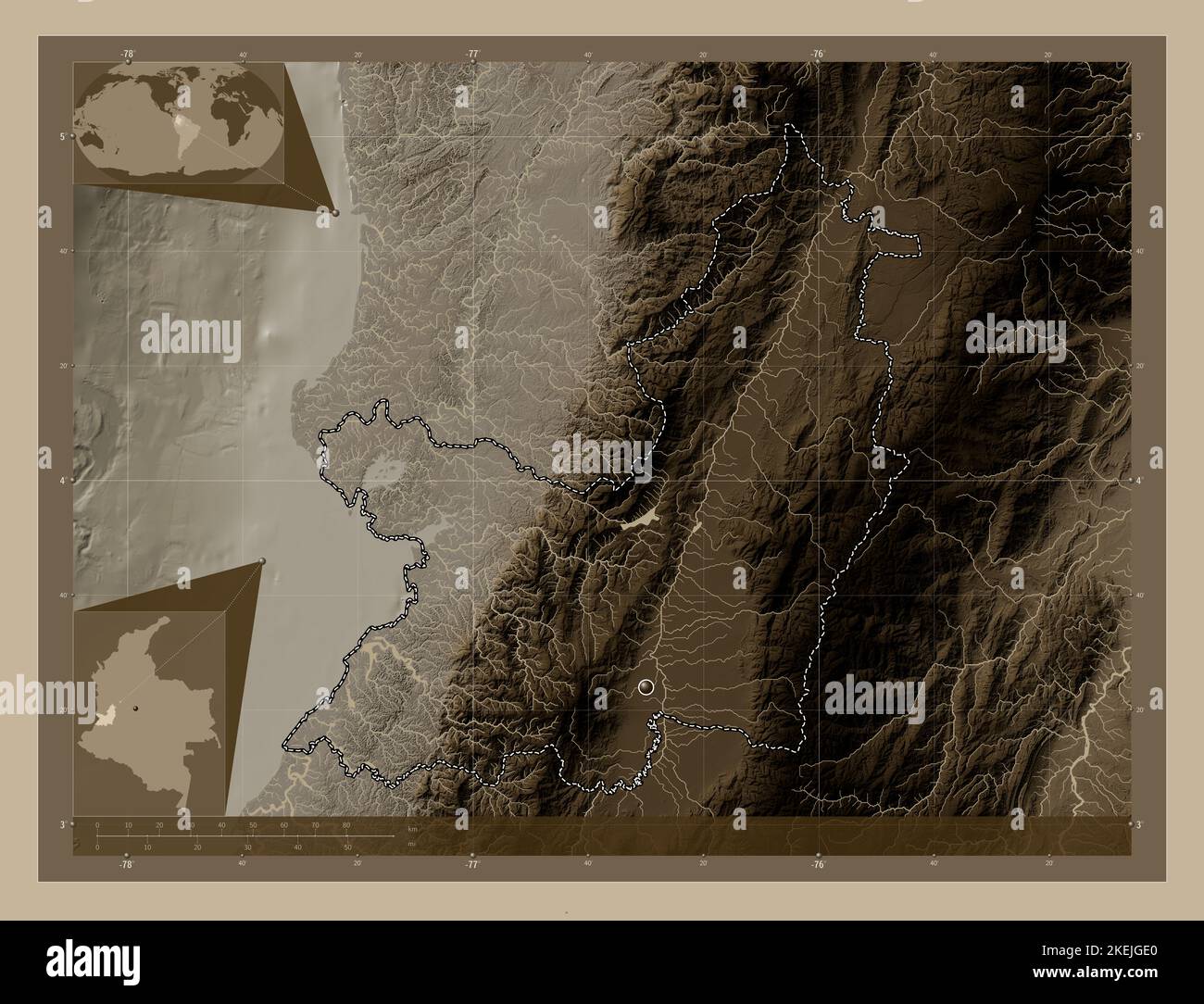 Valle del Cauca, department of Colombia. Elevation map colored in sepia ...