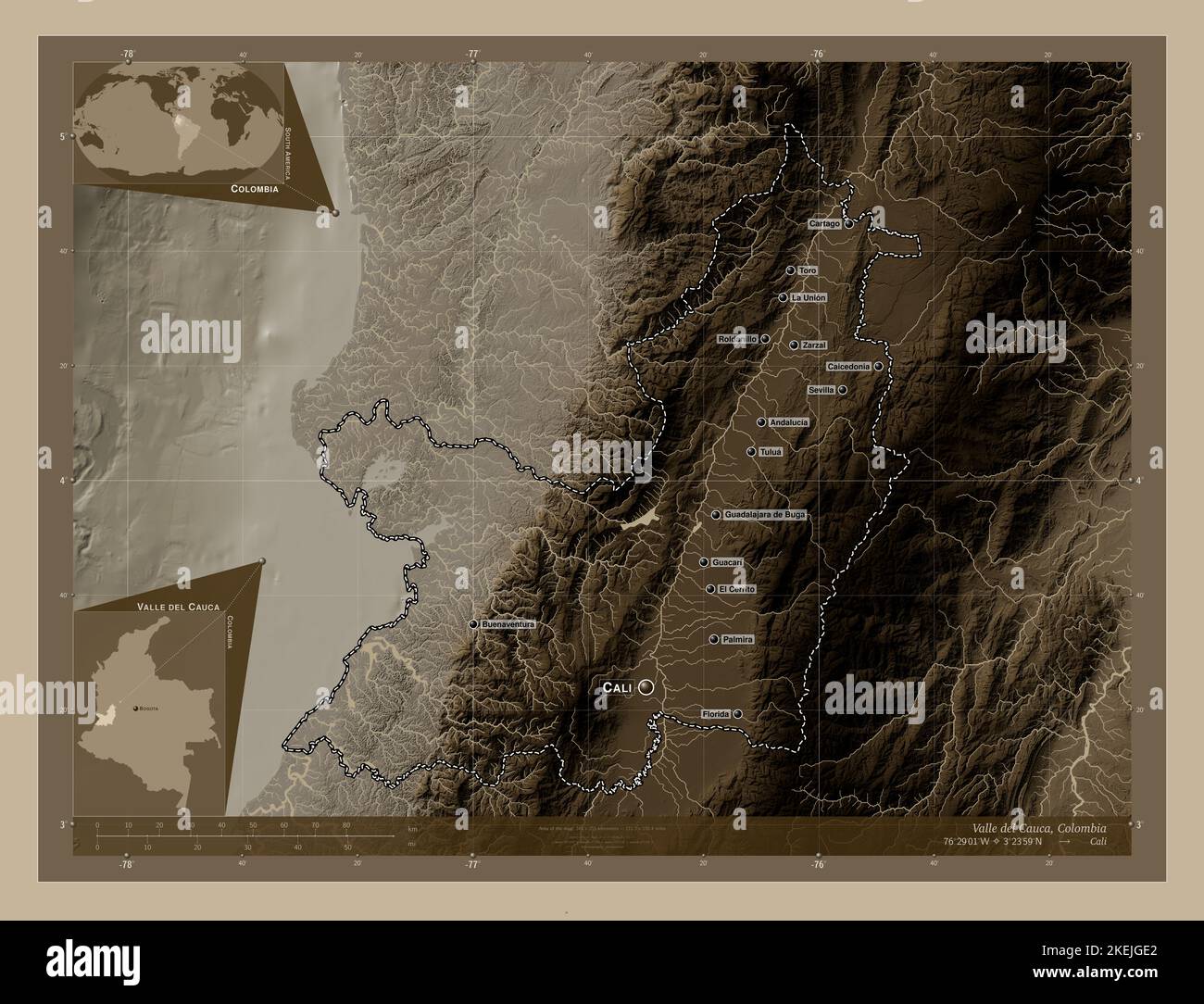 Valle del Cauca, department of Colombia. Elevation map colored in sepia ...