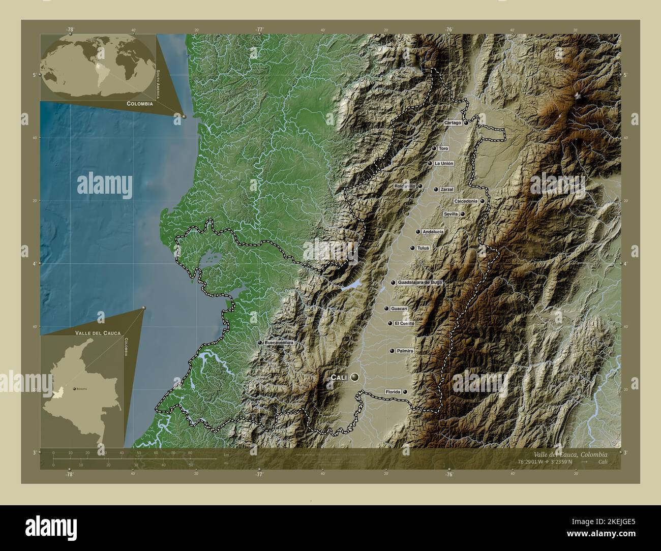 Valle del Cauca, department of Colombia. Elevation map colored in wiki ...