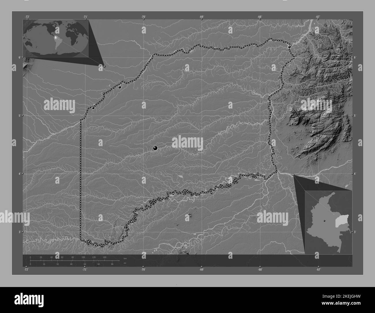 Vichada, commissiary of Colombia. Bilevel elevation map with lakes and ...
