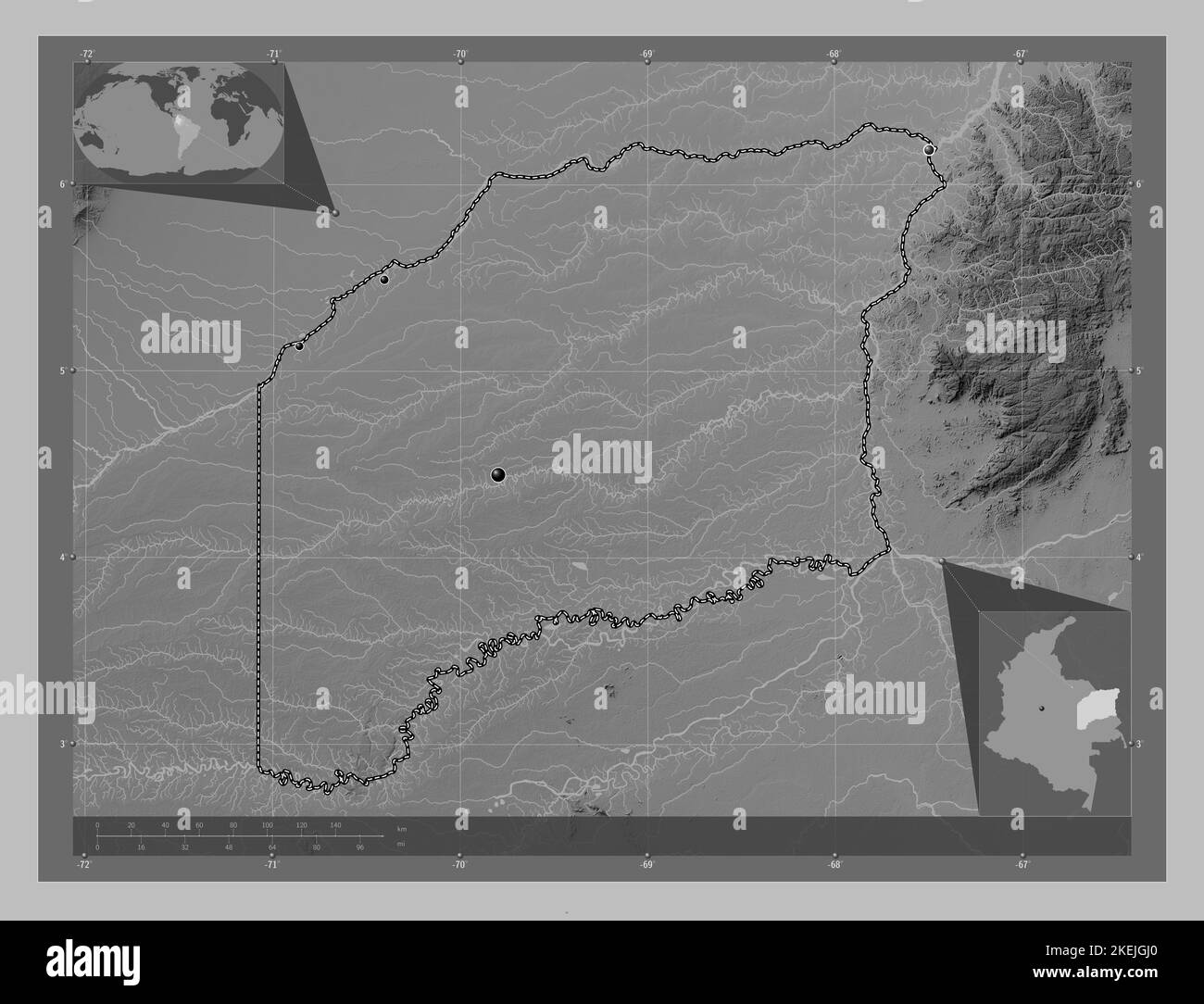 Vichada, commissiary of Colombia. Grayscale elevation map with lakes ...