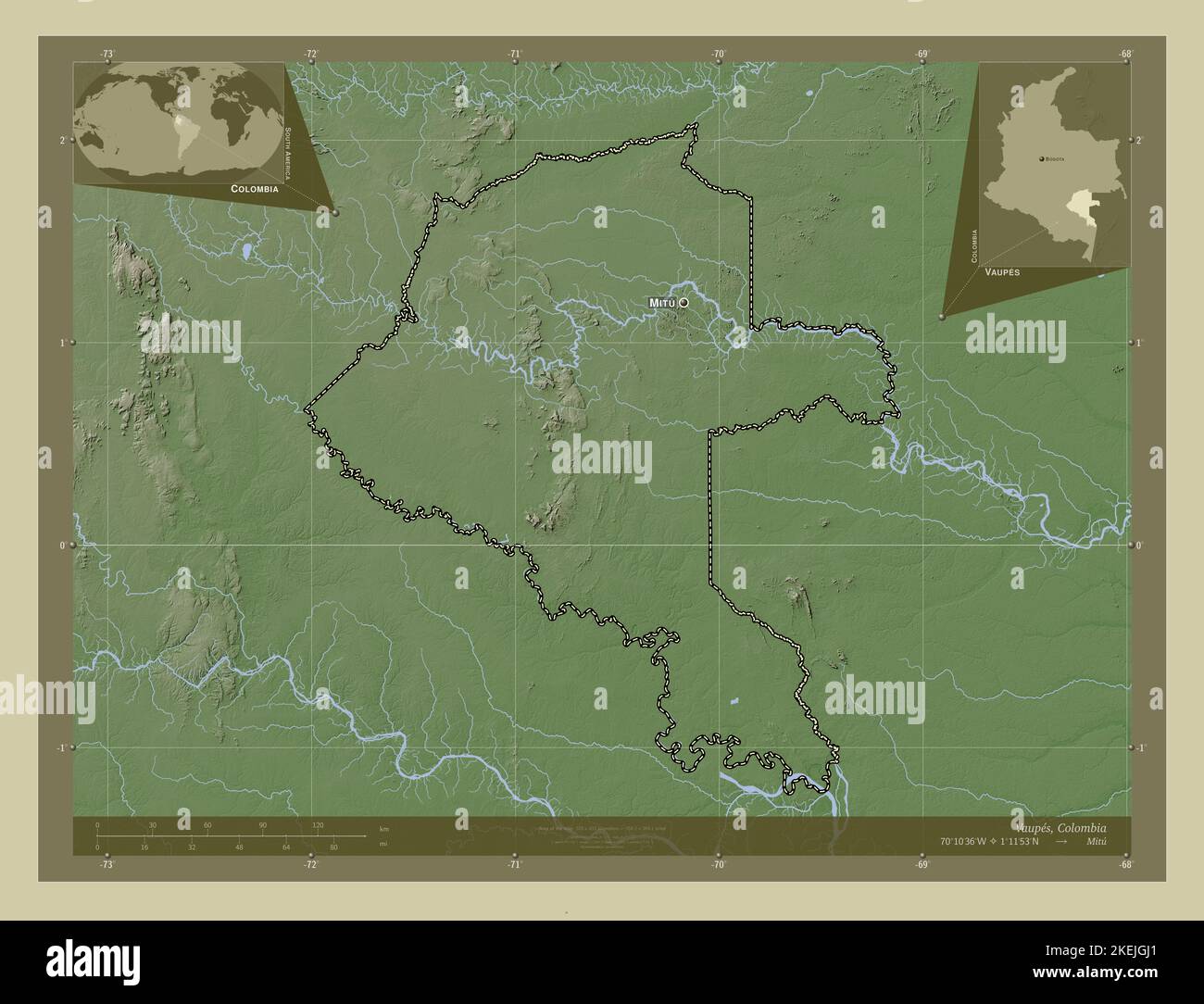 Vaupes, commissiary of Colombia. Elevation map colored in wiki style ...