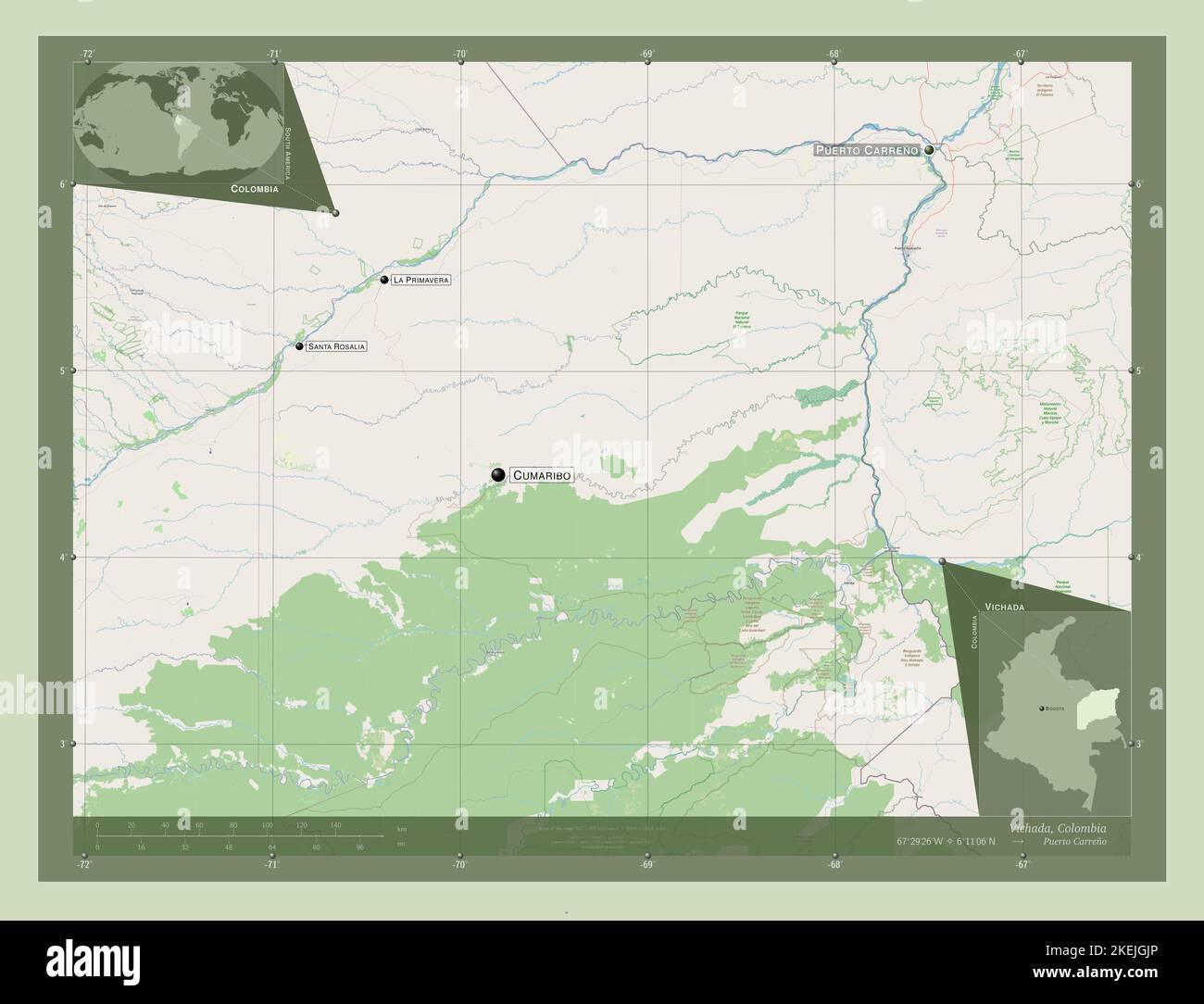 Vichada, commissiary of Colombia. Open Street Map. Locations and names ...