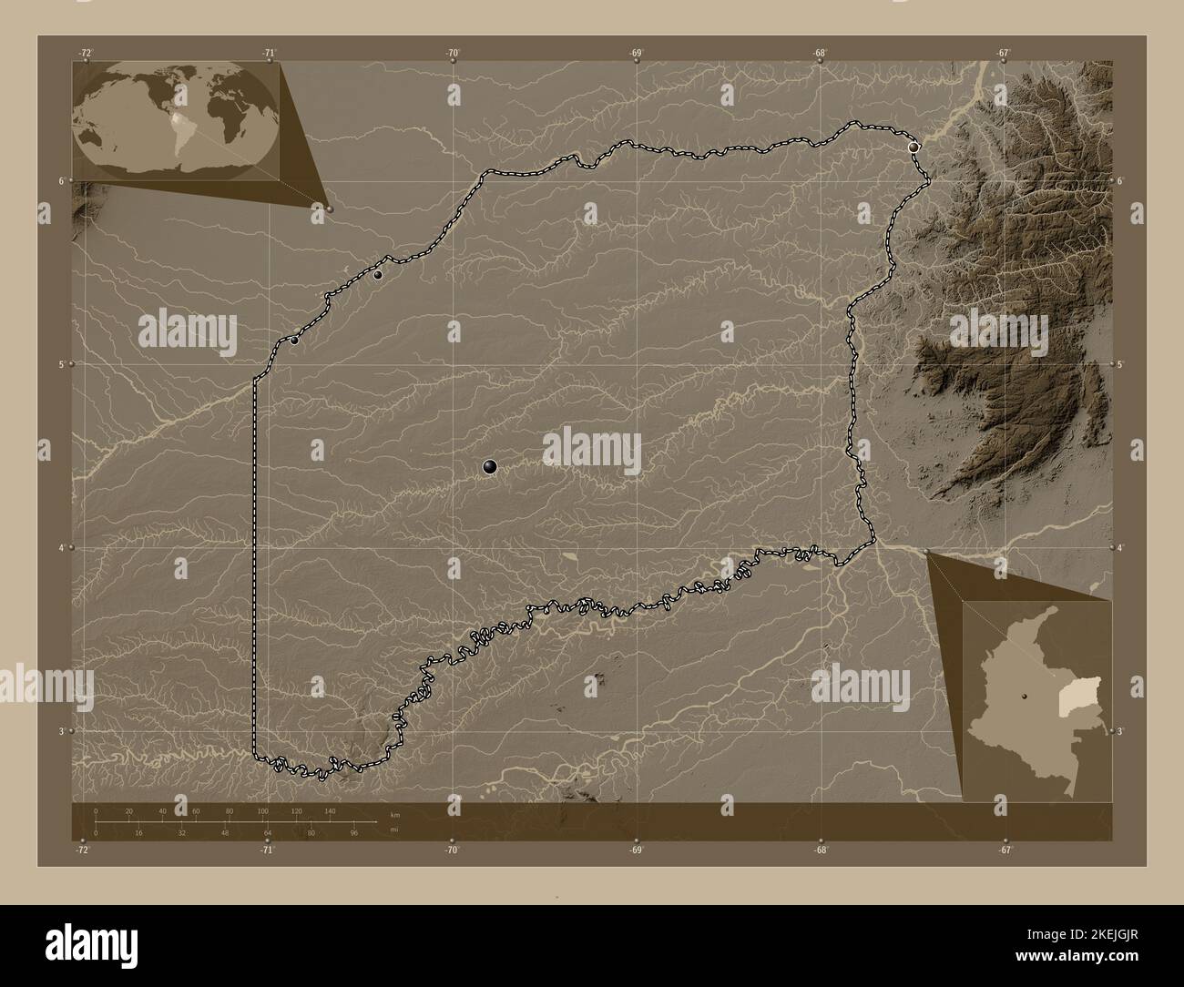 Vichada, commissiary of Colombia. Elevation map colored in sepia tones ...