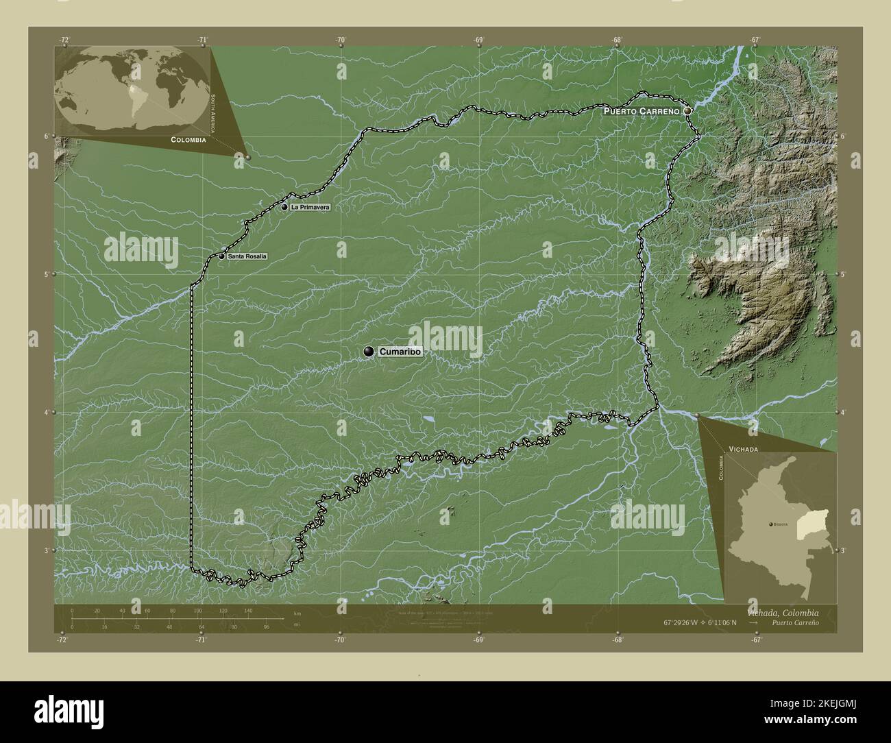 Vichada, commissiary of Colombia. Elevation map colored in wiki style ...