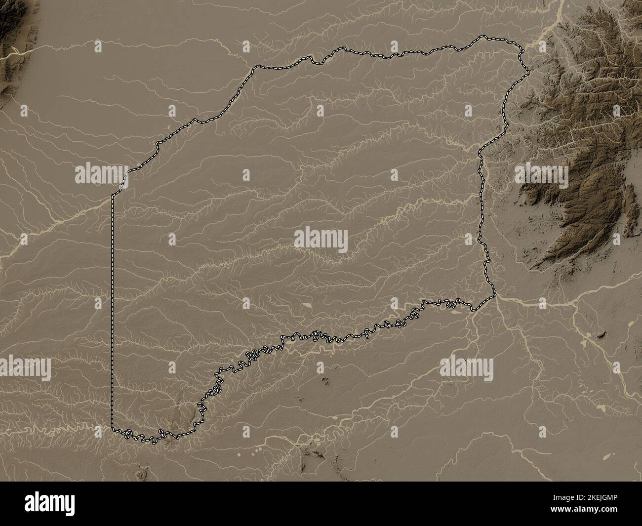 Vichada, commissiary of Colombia. Elevation map colored in sepia tones ...