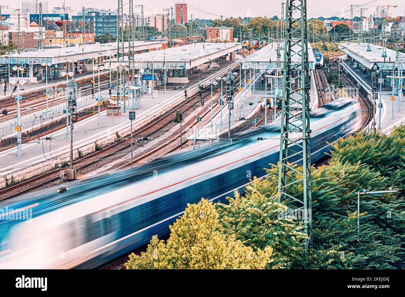 modern high speed intercity train carries passengers. Branching of ...