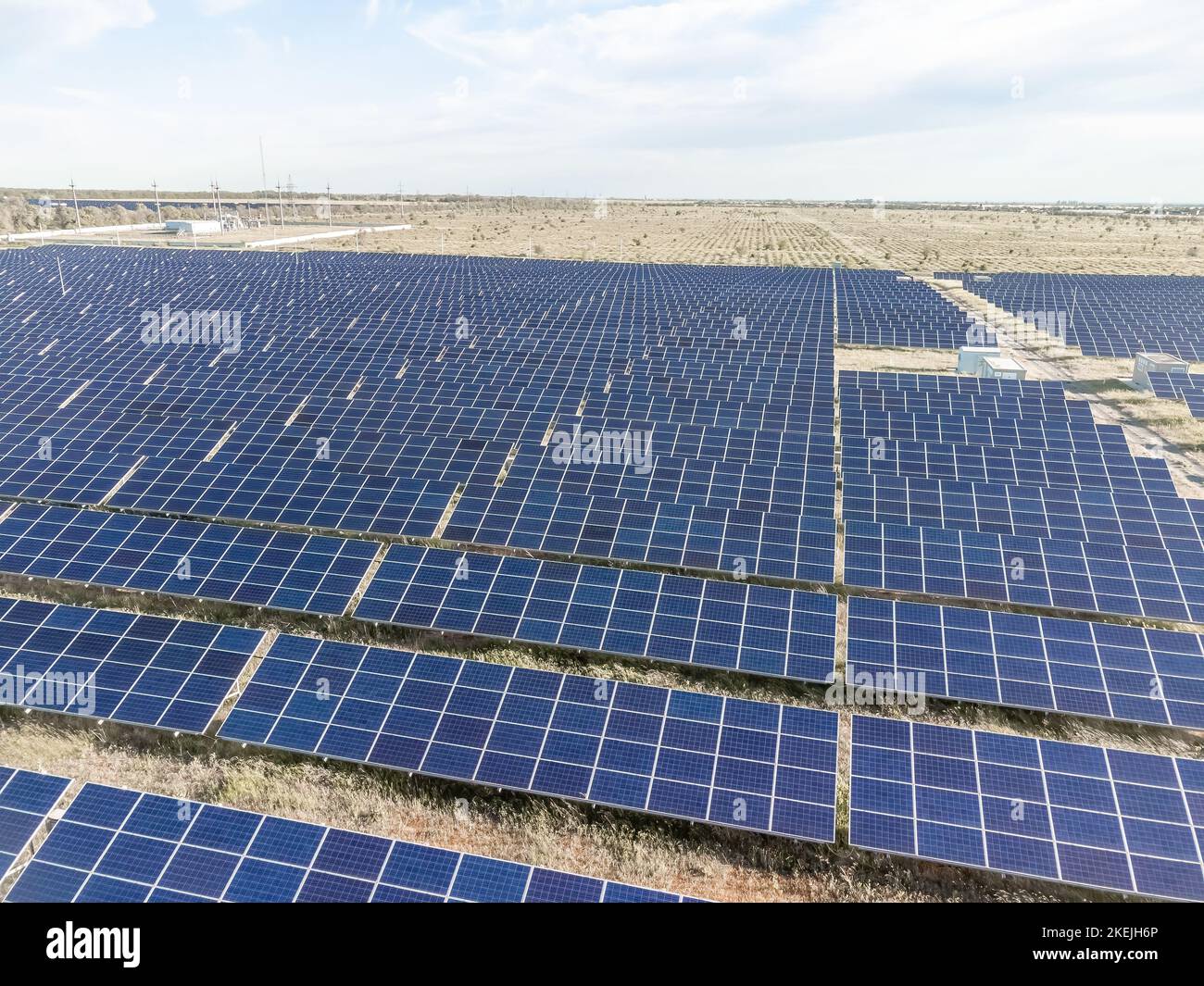 Aerial top view of a solar panels power plant. Photovoltaic solar ...