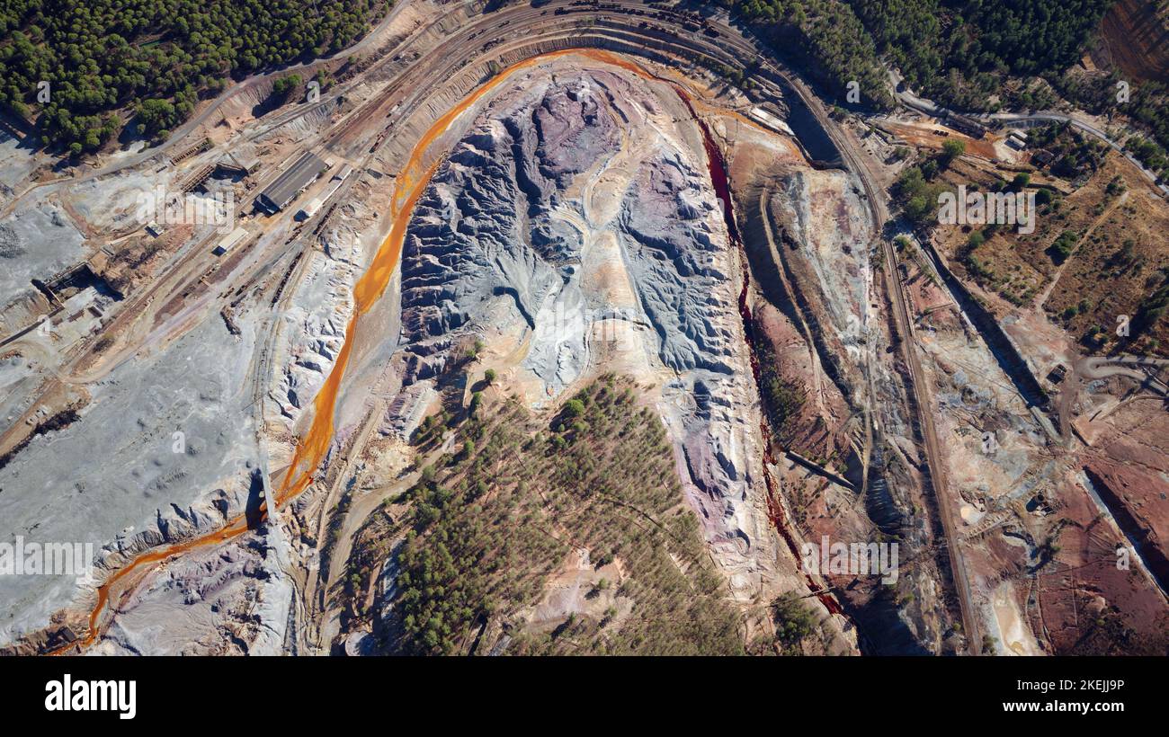 Aerial drone view of Mining activity in Minas de Riotinto in Spain ...