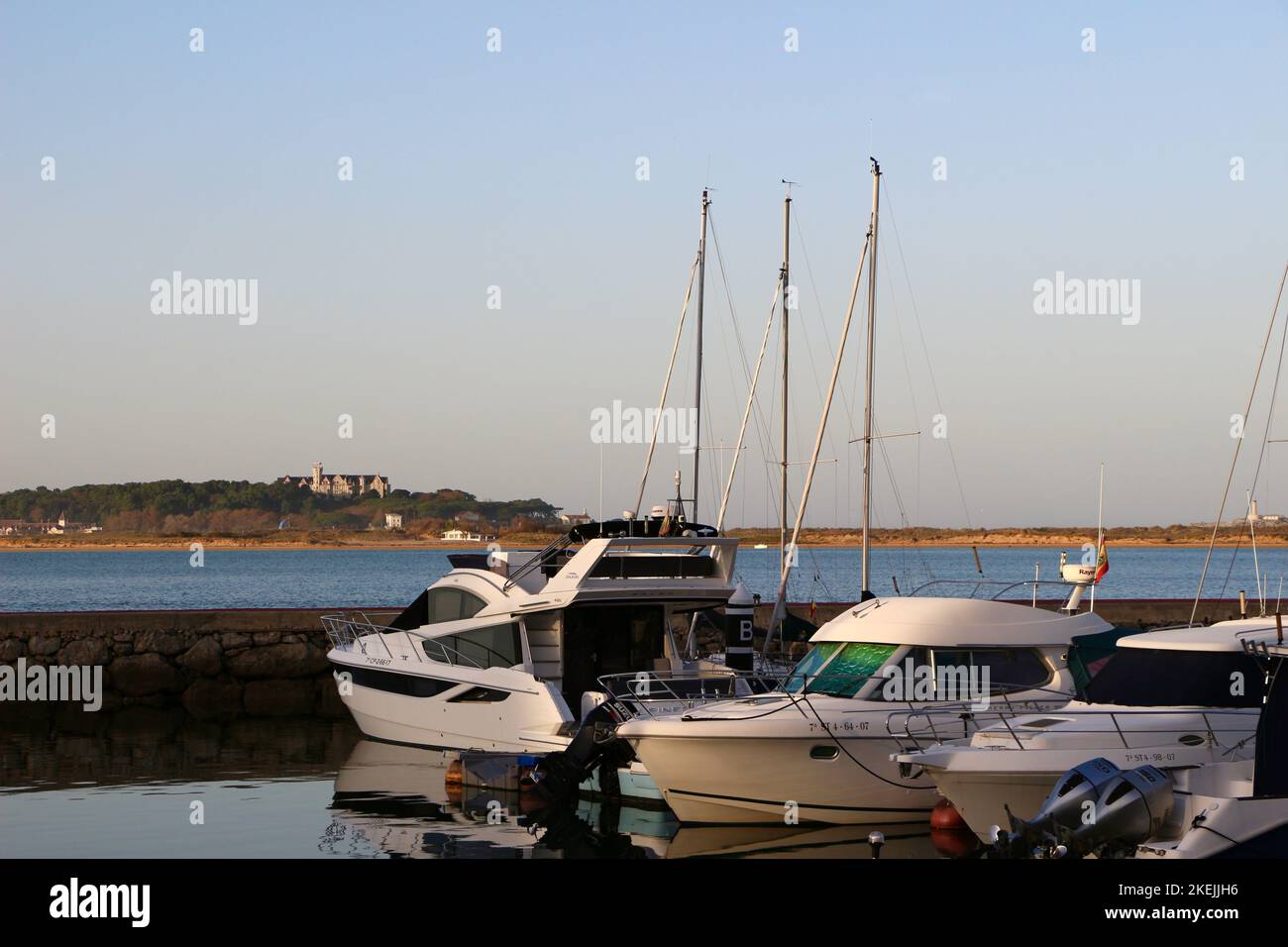 Moored boats in the marina with the Magdalena Palace in the distance ...