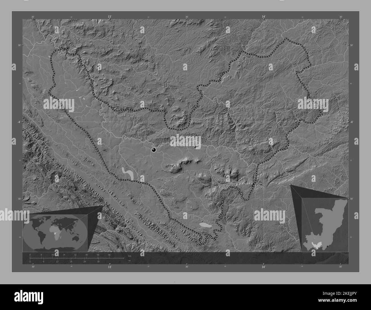 Bouenza, region of Republic of Congo. Bilevel elevation map with lakes ...