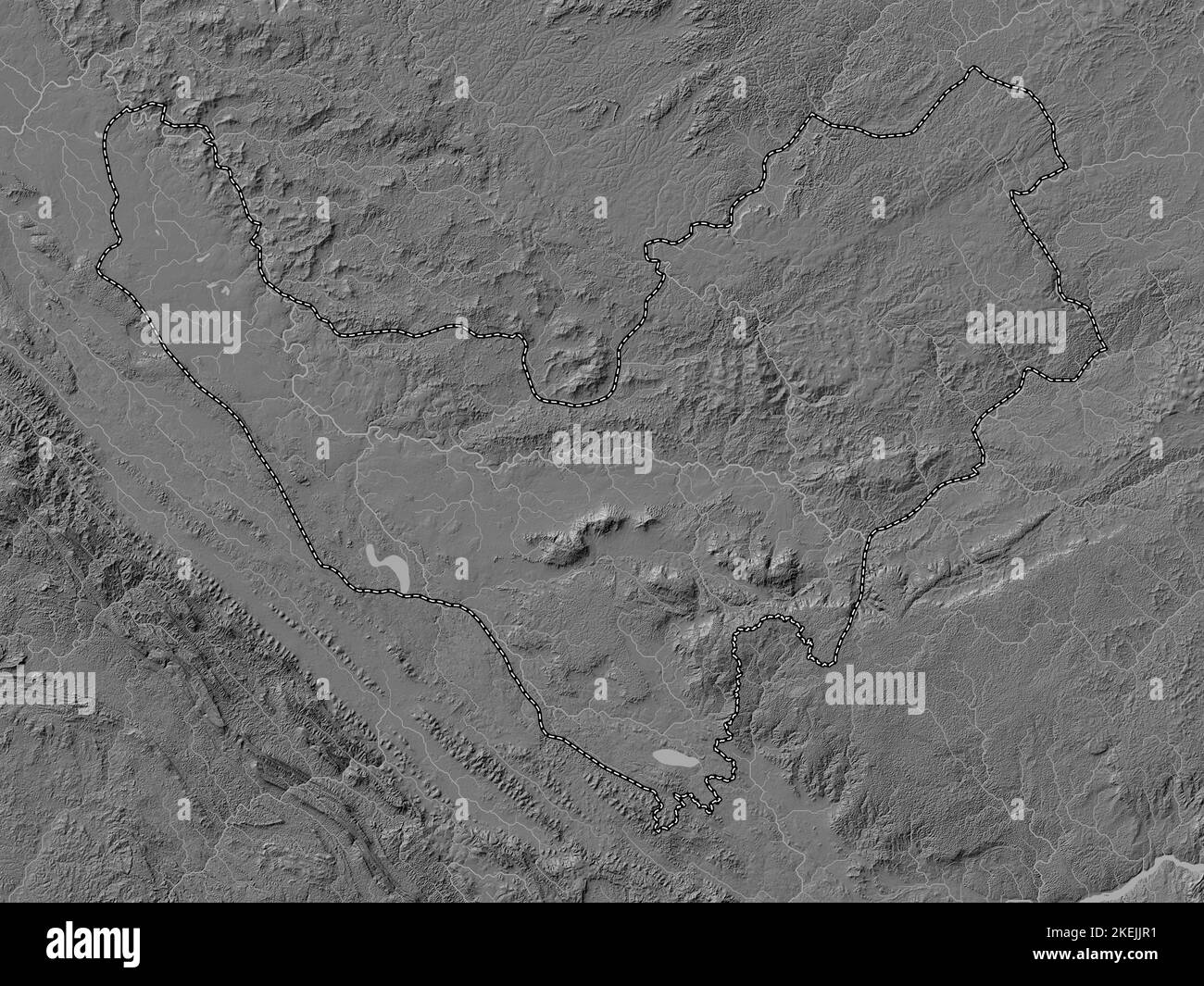 Bouenza, region of Republic of Congo. Bilevel elevation map with lakes ...