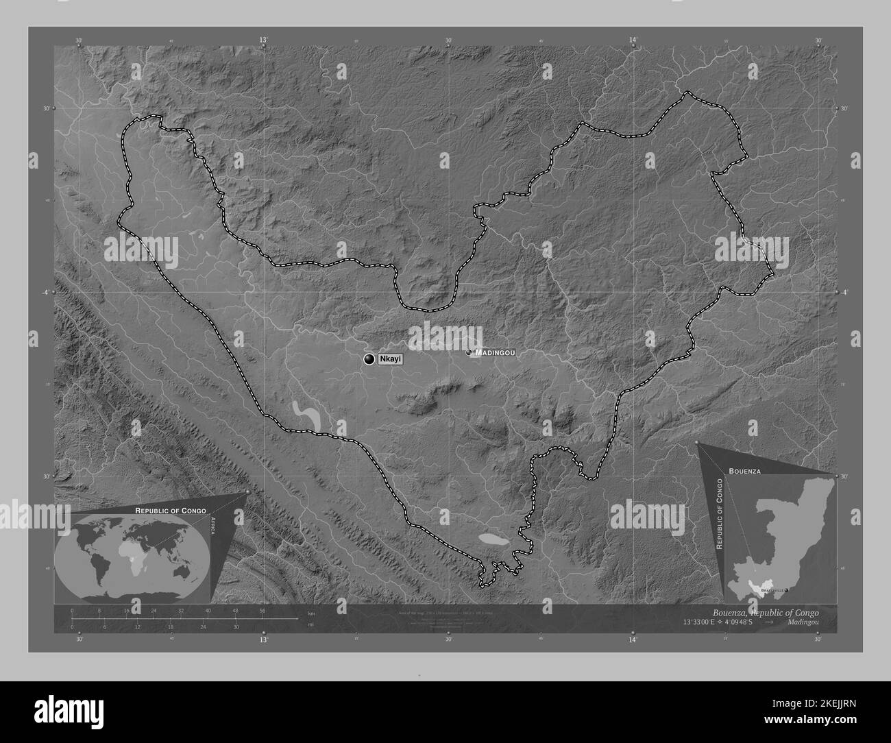 Bouenza, region of Republic of Congo. Grayscale elevation map with ...