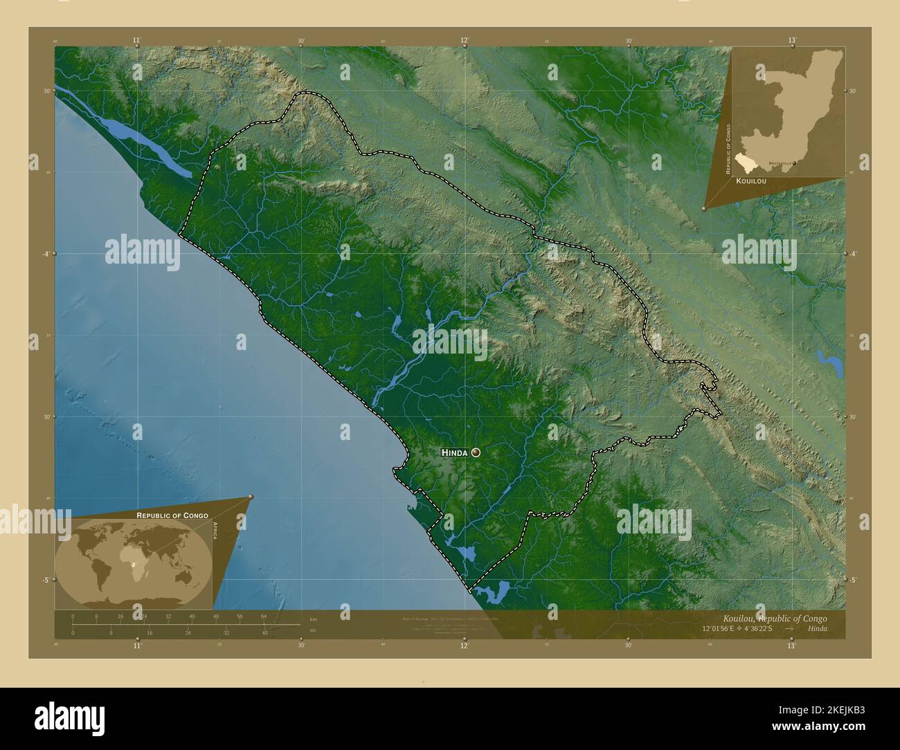 Kouilou, region of Republic of Congo. Colored elevation map with lakes ...
