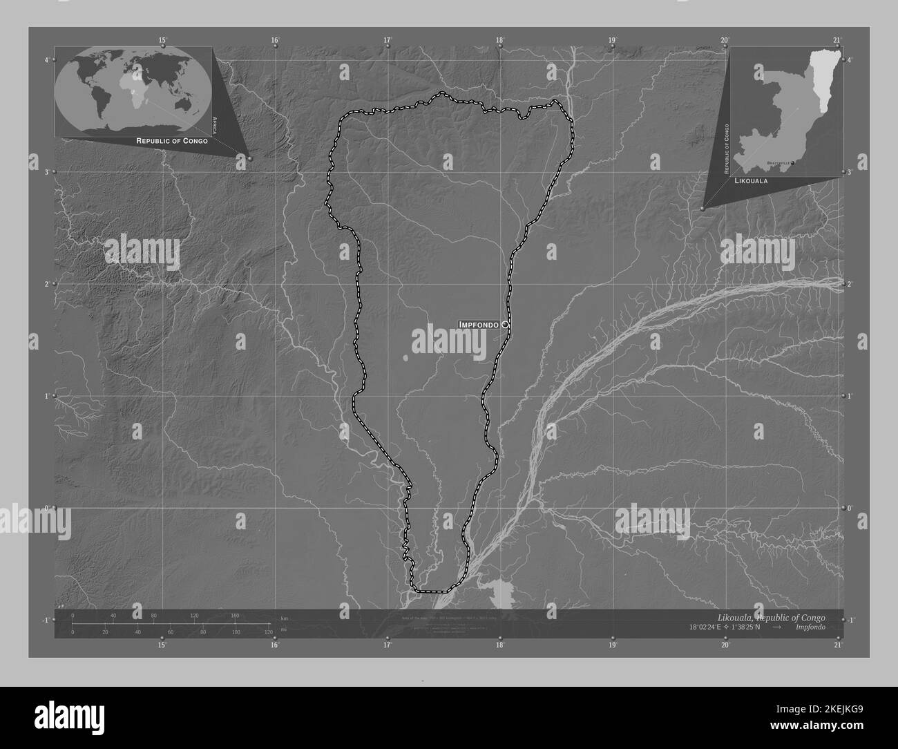 Likouala, region of Republic of Congo. Grayscale elevation map with ...