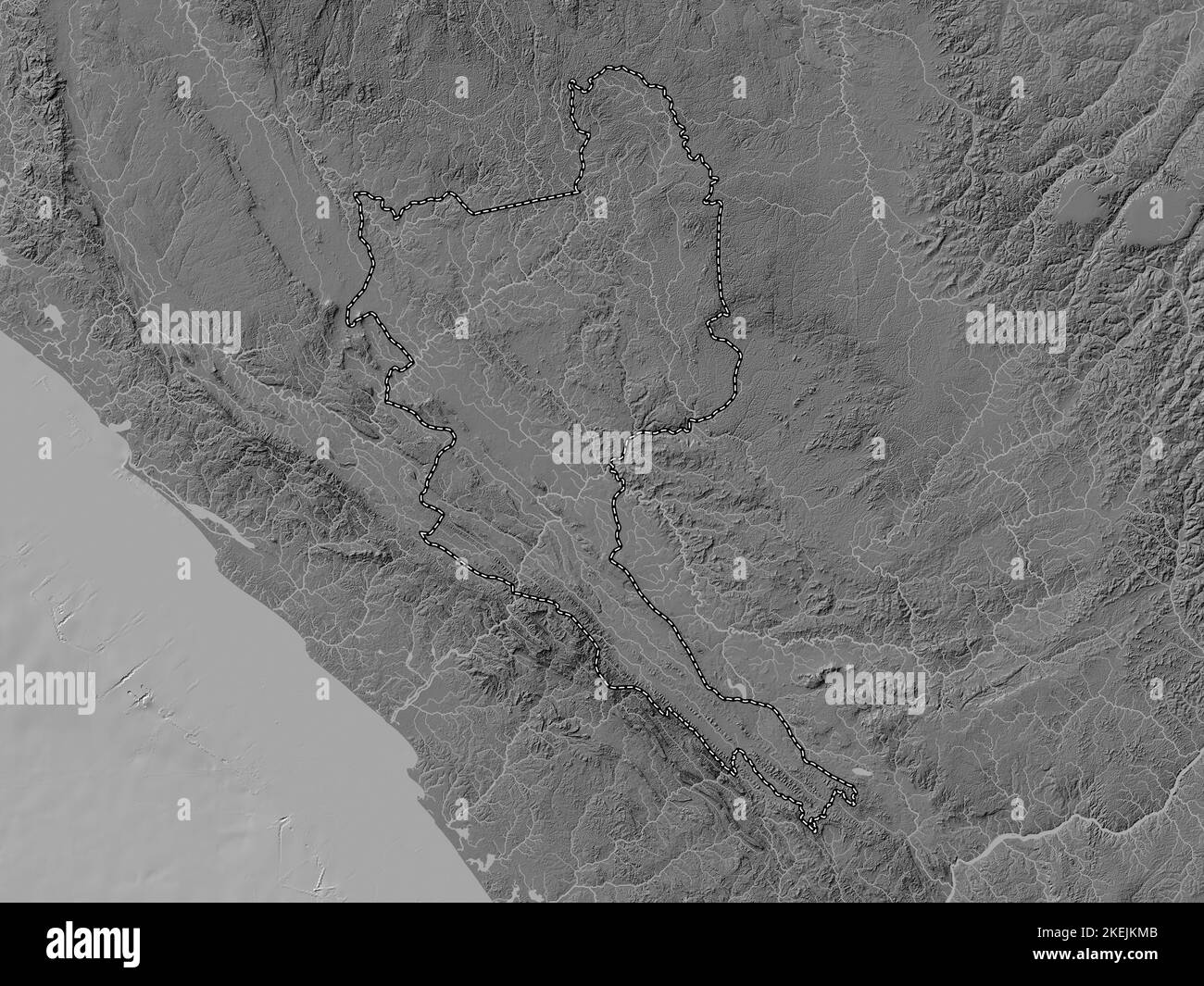 Niari, region of Republic of Congo. Bilevel elevation map with lakes ...