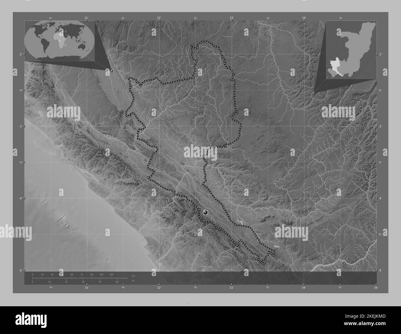 Niari, region of Republic of Congo. Grayscale elevation map with lakes ...