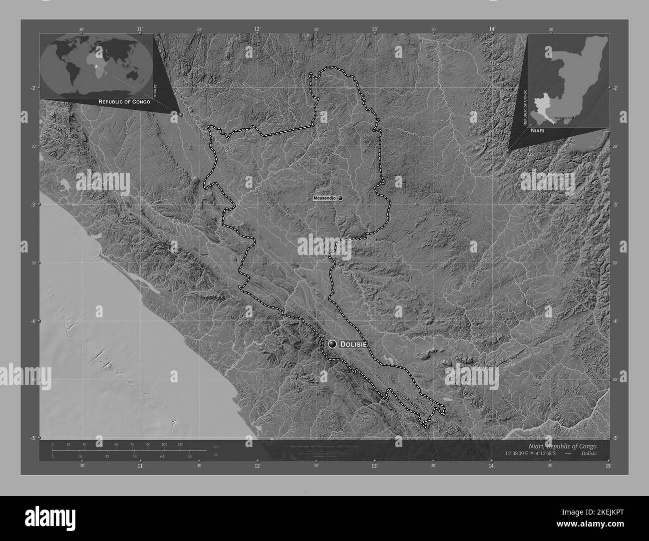 Niari, region of Republic of Congo. Bilevel elevation map with lakes ...
