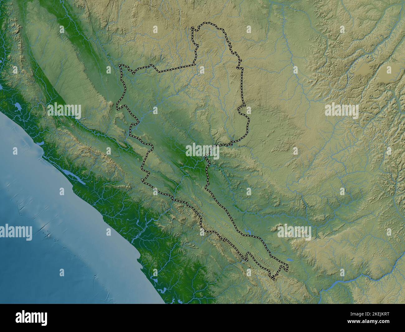 Niari, region of Republic of Congo. Colored elevation map with lakes ...