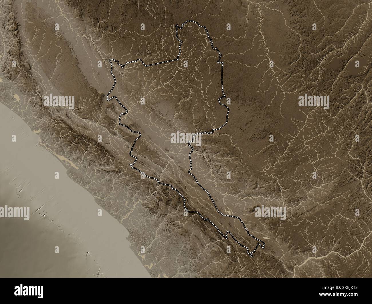 Niari, region of Republic of Congo. Elevation map colored in sepia ...