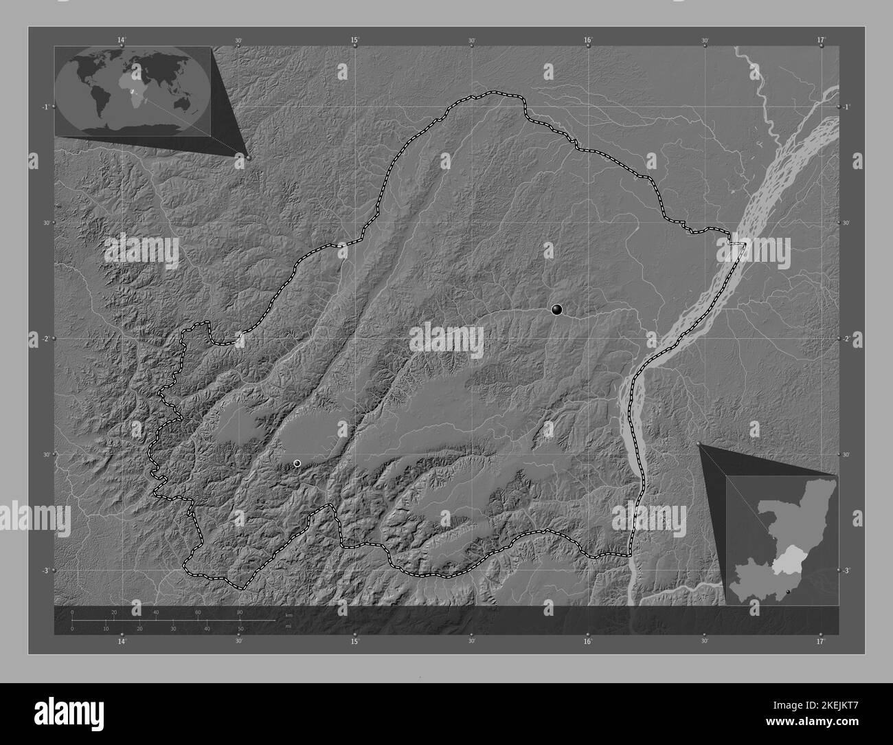 Plateaux, region of Republic of Congo. Bilevel elevation map with lakes ...