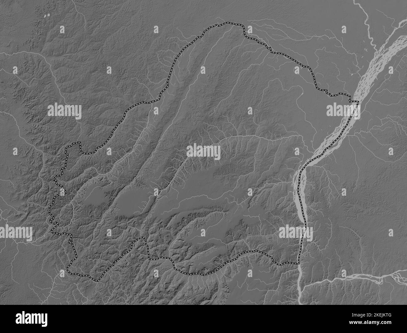 Plateaux, region of Republic of Congo. Grayscale elevation map with ...