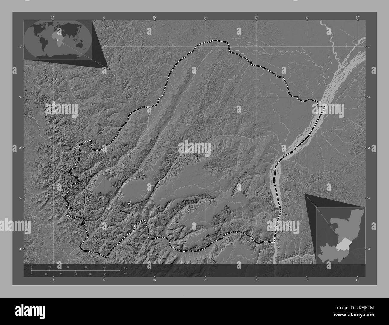 Plateaux, region of Republic of Congo. Bilevel elevation map with lakes ...