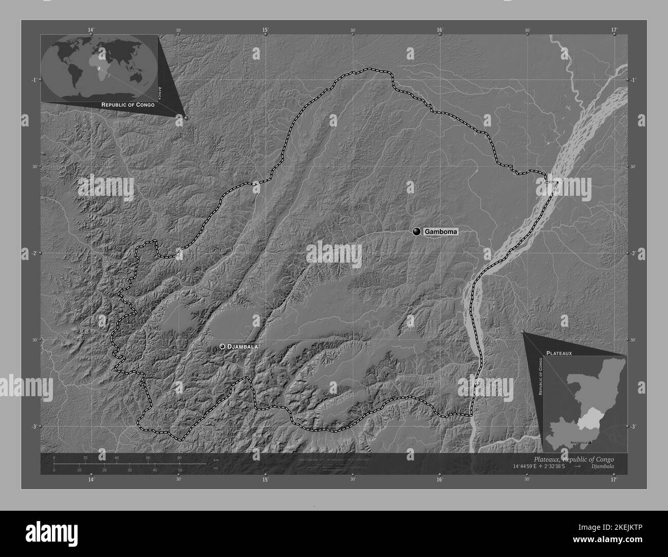 Plateaux, region of Republic of Congo. Bilevel elevation map with lakes ...