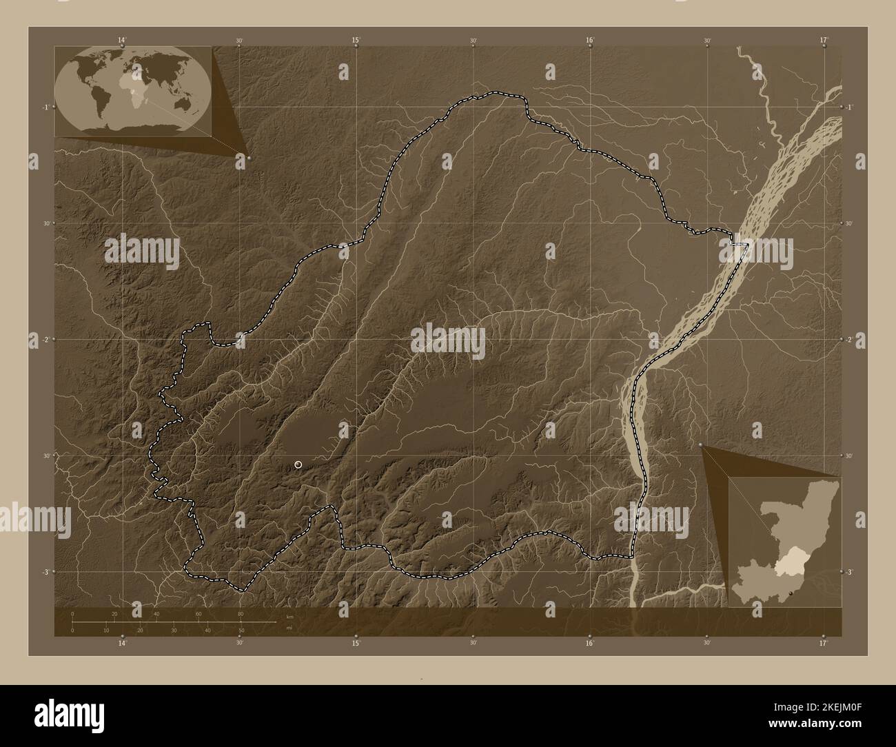 Plateaux, region of Republic of Congo. Elevation map colored in sepia ...