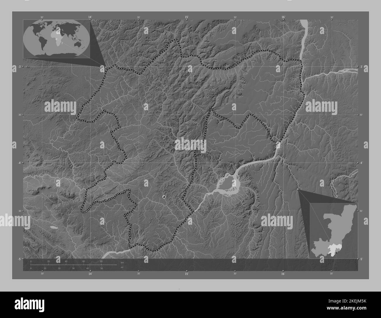 Pool, region of Republic of Congo. Grayscale elevation map with lakes ...