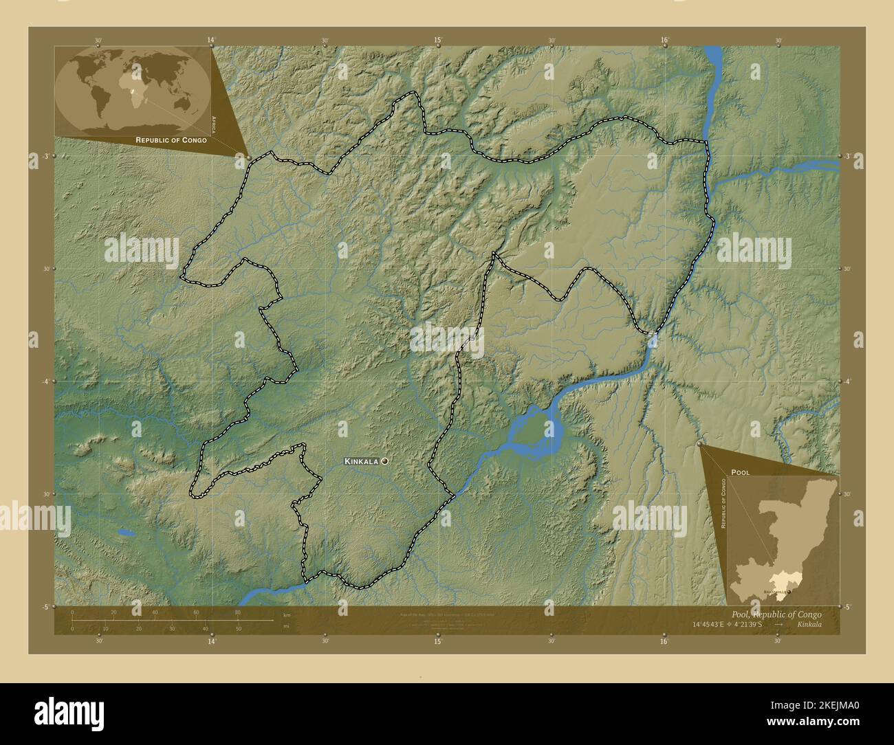 Pool, region of Republic of Congo. Colored elevation map with lakes and ...