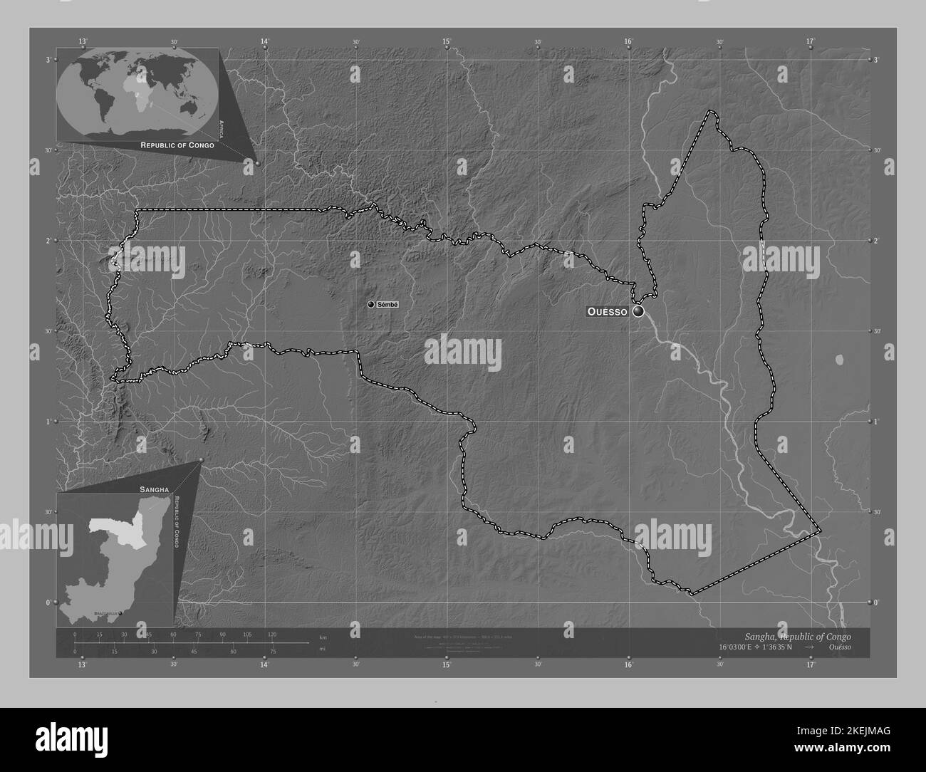 Sangha, region of Republic of Congo. Grayscale elevation map with lakes ...