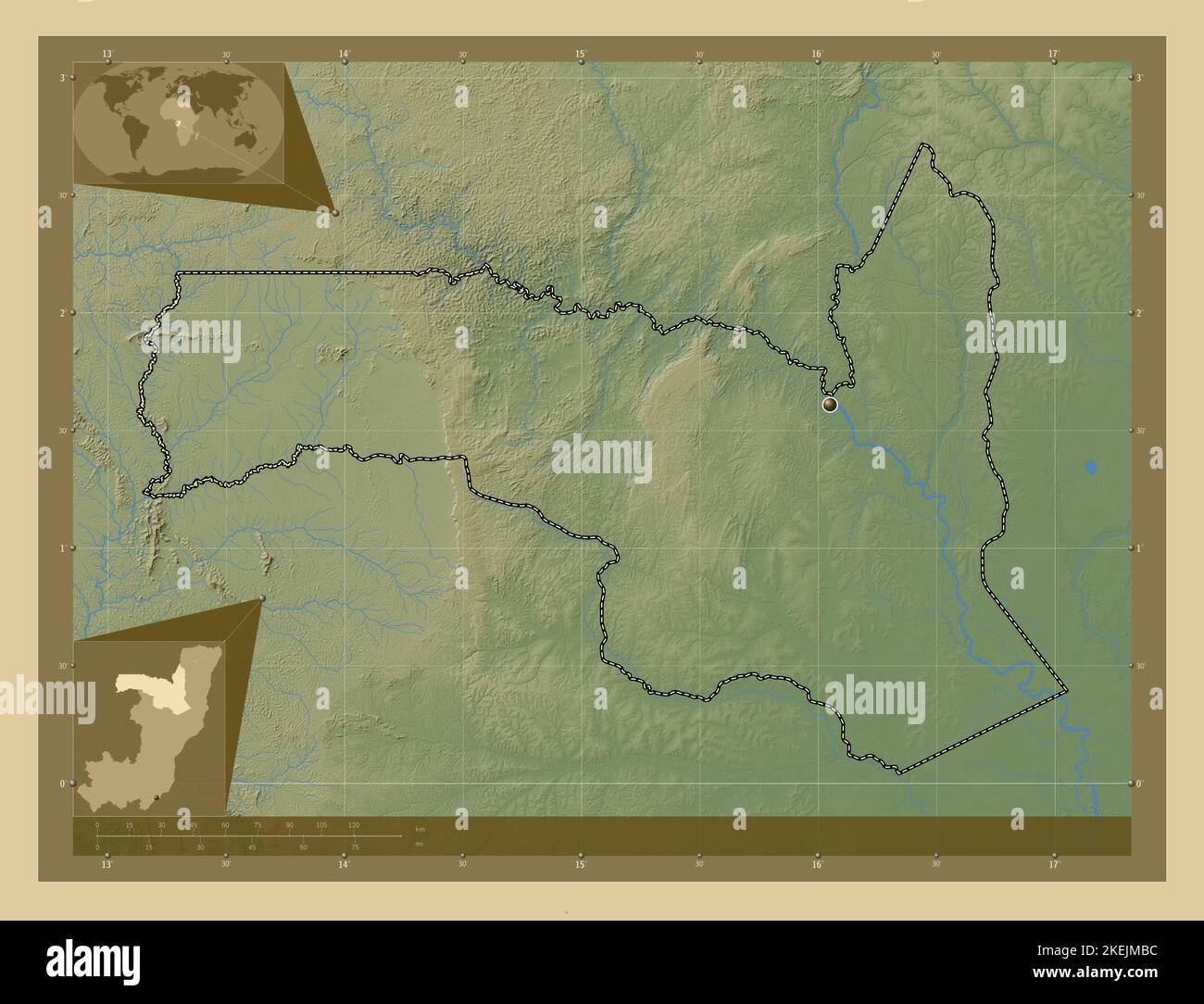 Sangha, region of Republic of Congo. Colored elevation map with lakes ...