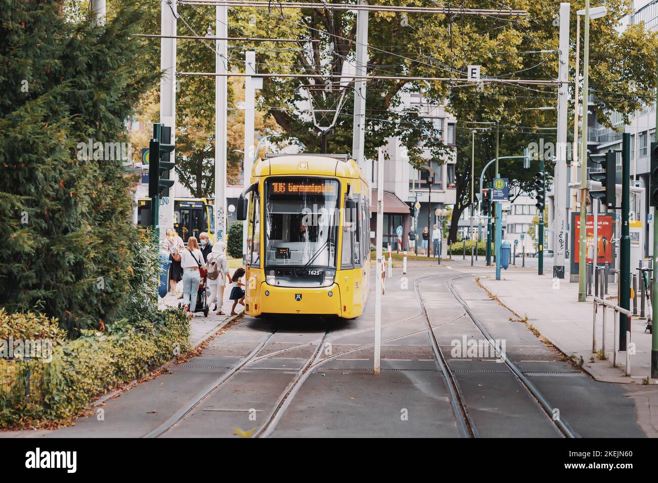 27 July 2022, Essen, Germany: yellow tram rides on a public transport ...
