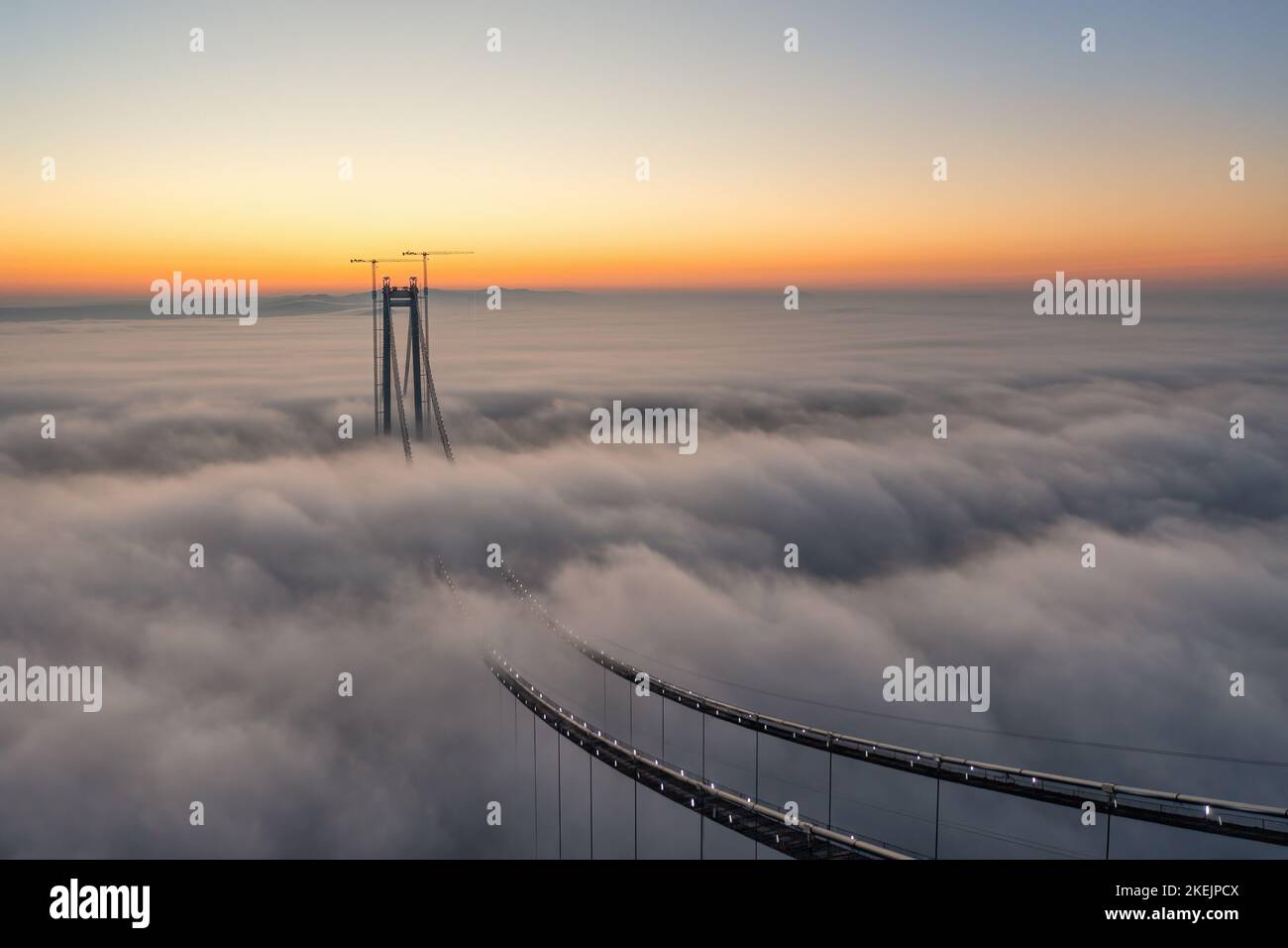 Panoramic aerial drone view from above of the suspended bridge over ...
