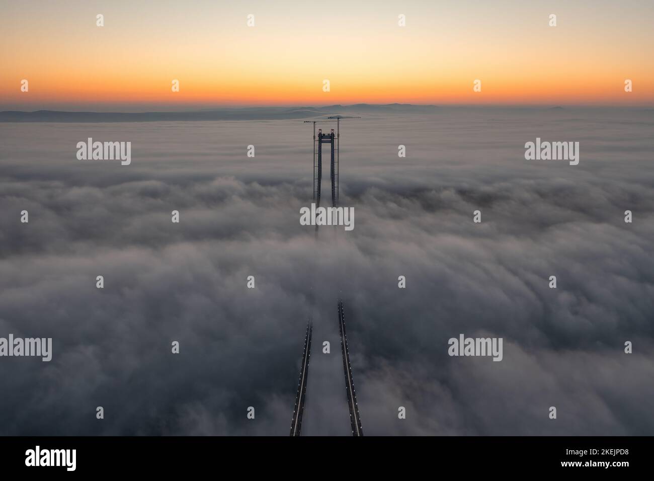 Panoramic aerial drone view from above of the suspended bridge over ...
