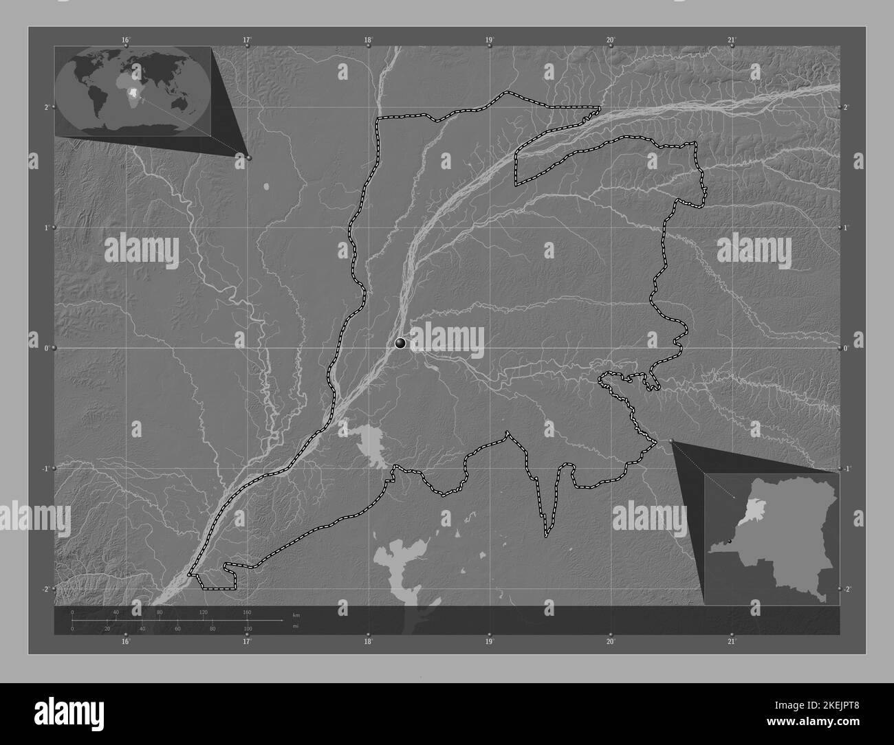 Equateur, province of Democratic Republic of the Congo. Bilevel elevation map with lakes and ...